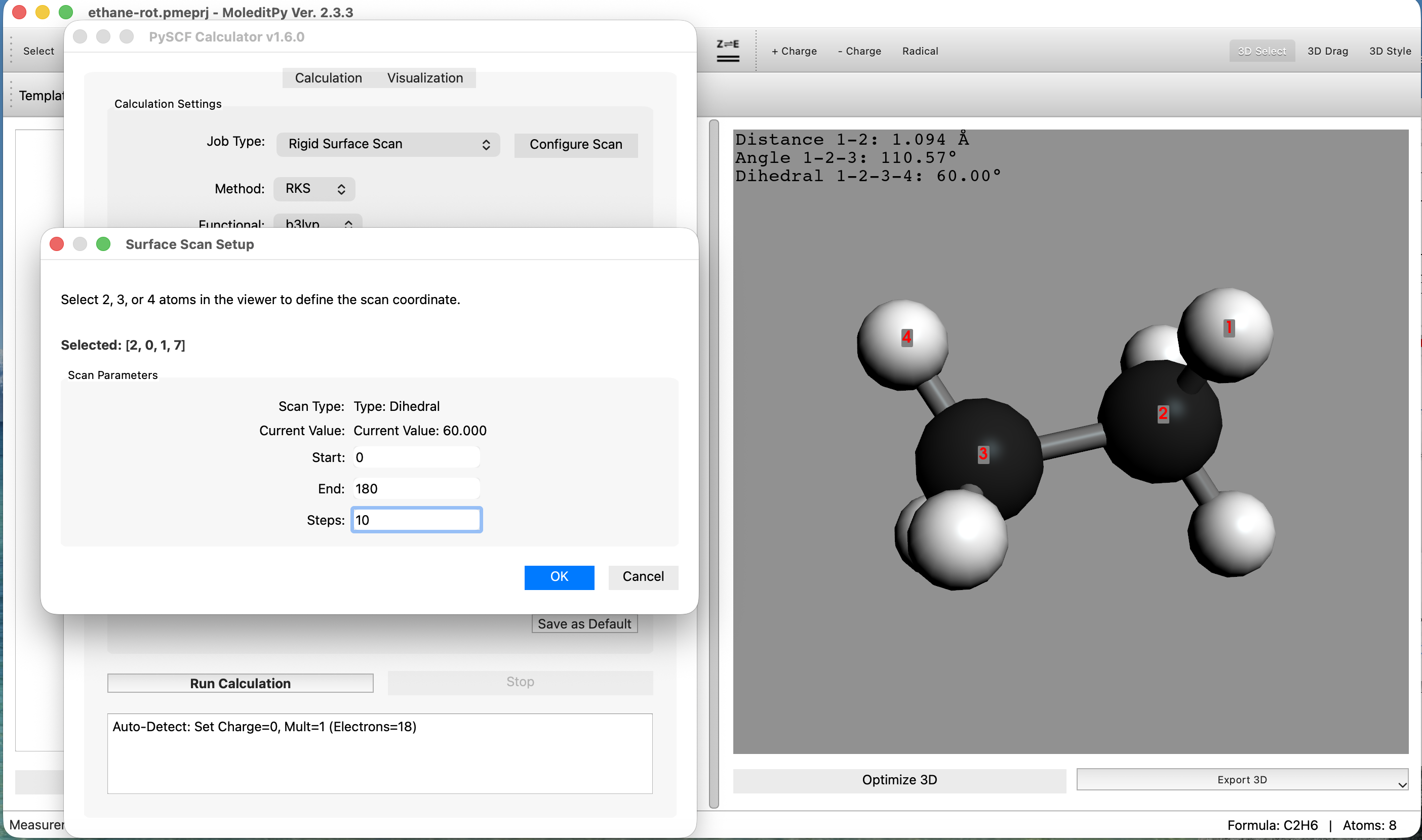 MoleditPy Tutorial 3: Ethane Internal Rotation